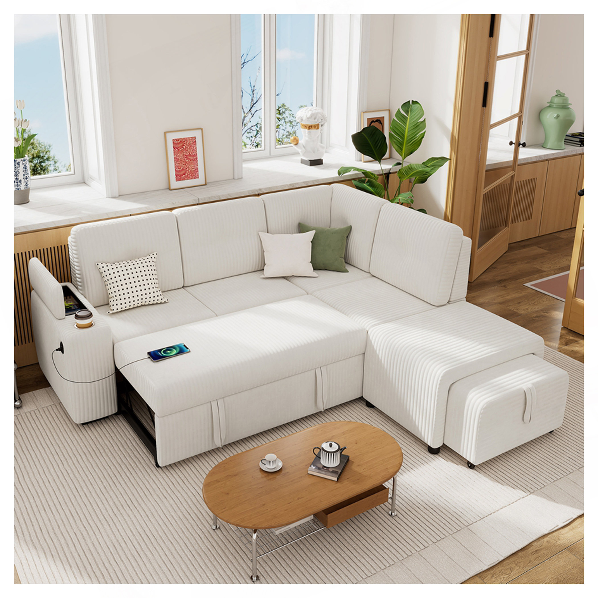 Latitude Run® 94" Sectional Sofa Pull-Out Sofa Bed L-Shaped Sofa With Movable Ottoman And Stool ...